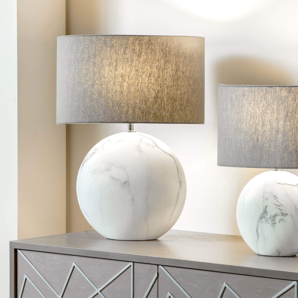 Large Marble Effect Disk Ceramic Table Lamp With Grey Shade | Housing Units