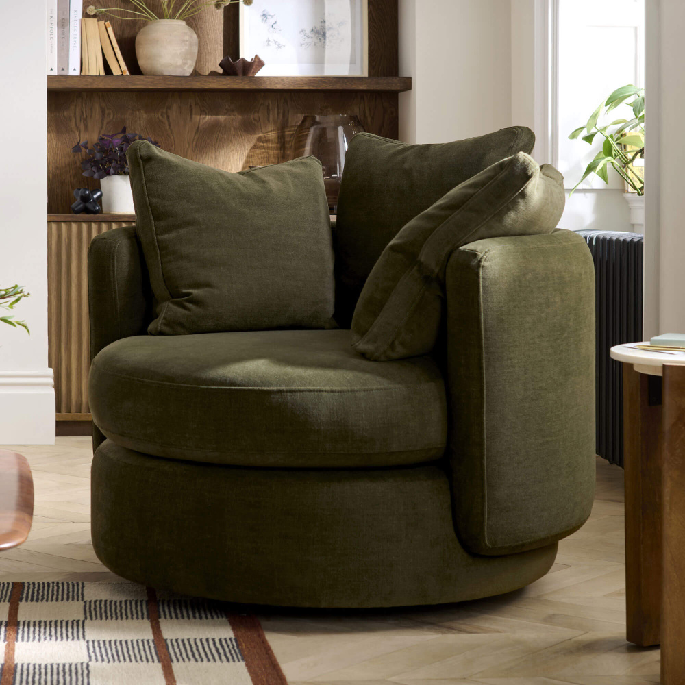 Vogue Williams Piccadilly Olive Fabric Small Swivel Chair | Housing Units