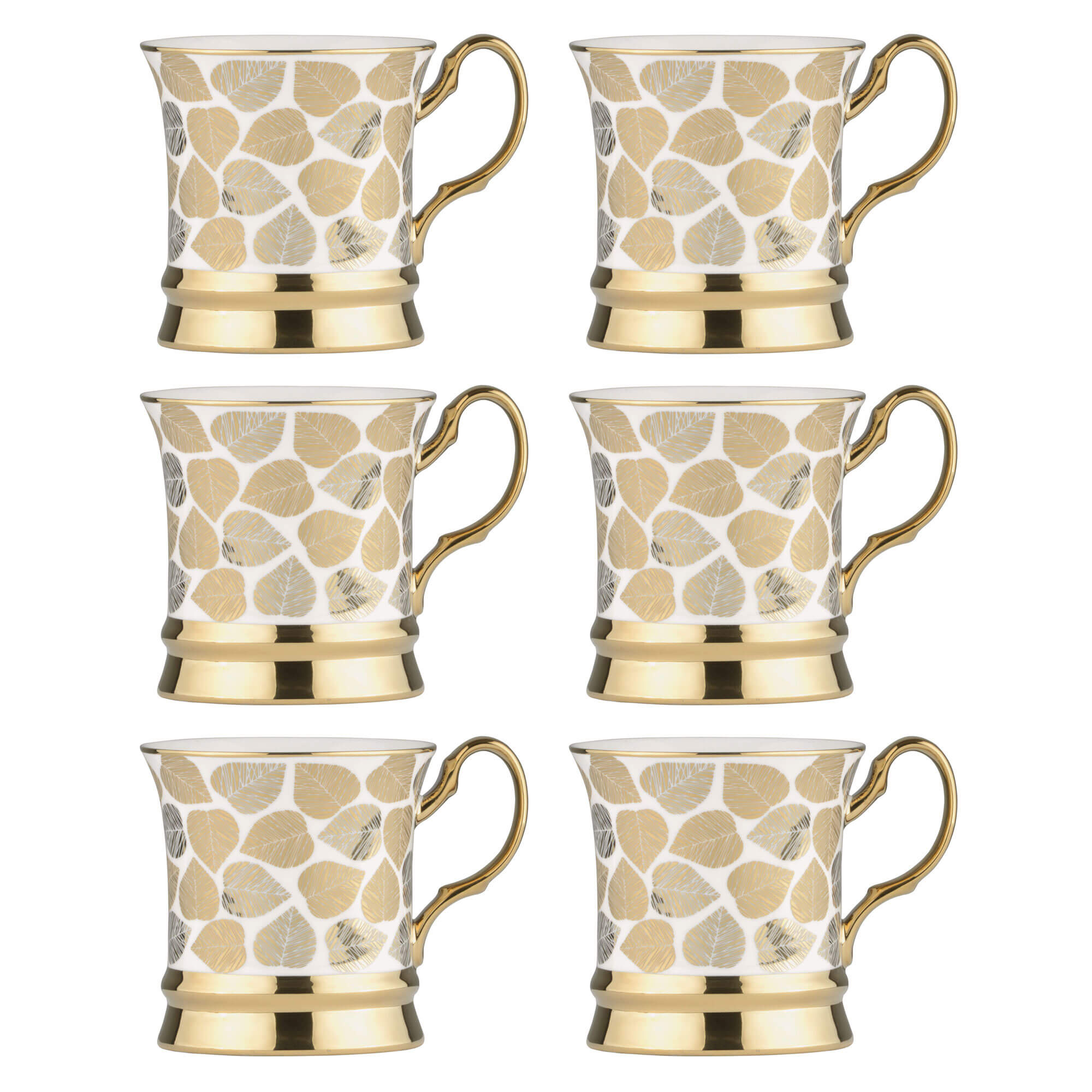 Gold Leaf Set Of 6 Porcelain Mugs