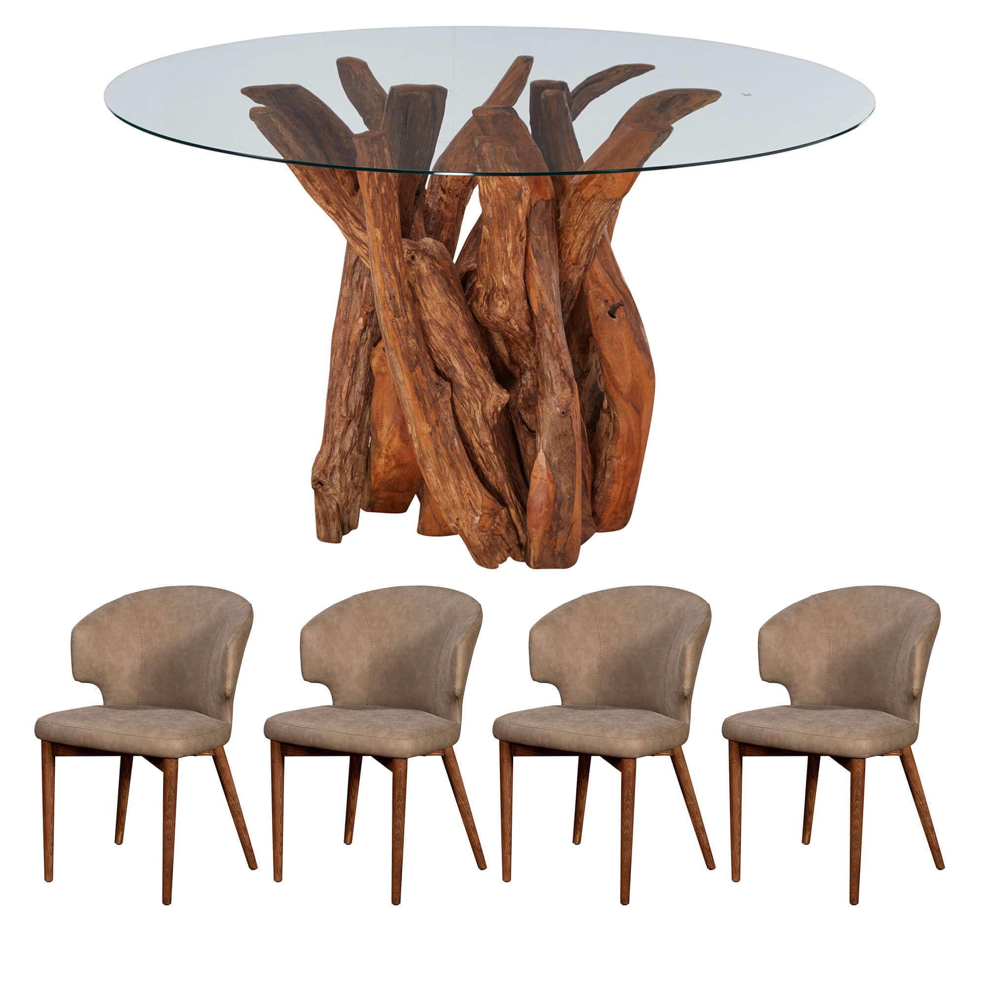 Java Teak 130cm Round Dining Table with 4 Ramona Brown Dining Chairs