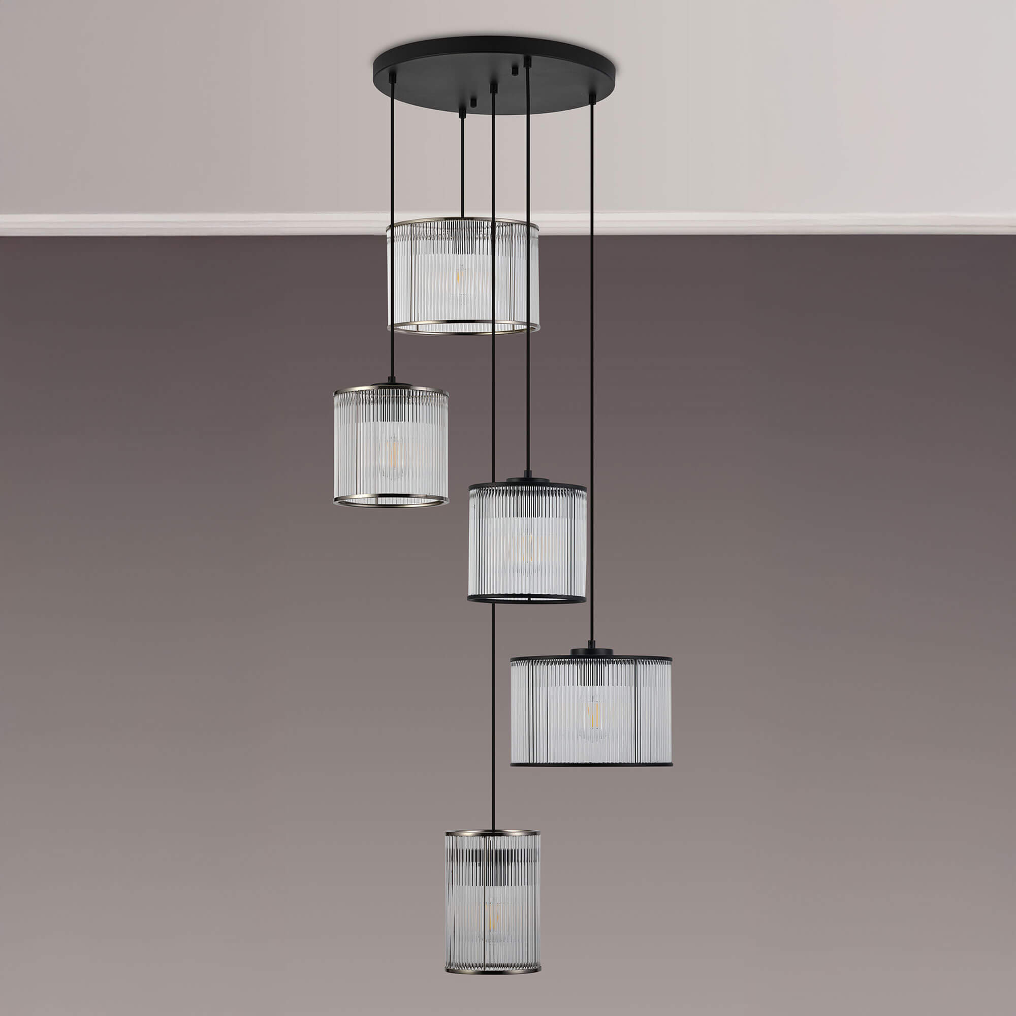 Davis Black Round 5 Light Glass Rod Pendant