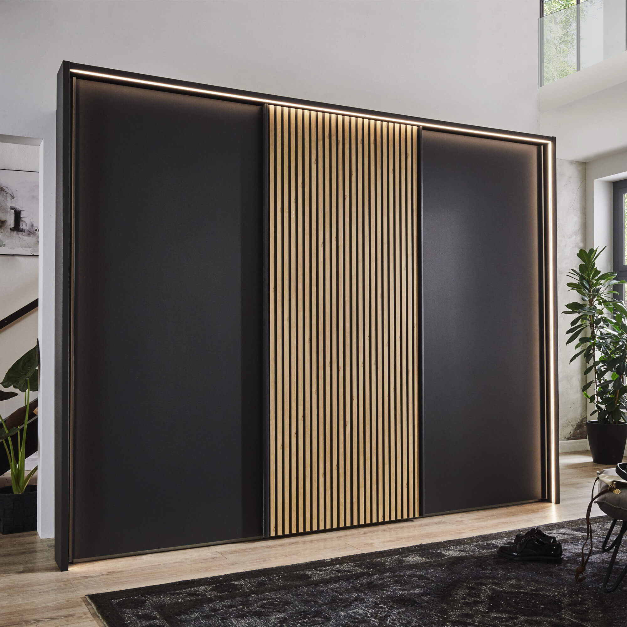 Detroit Graphite Sliding Wardrobe With Bianco Oak Decking